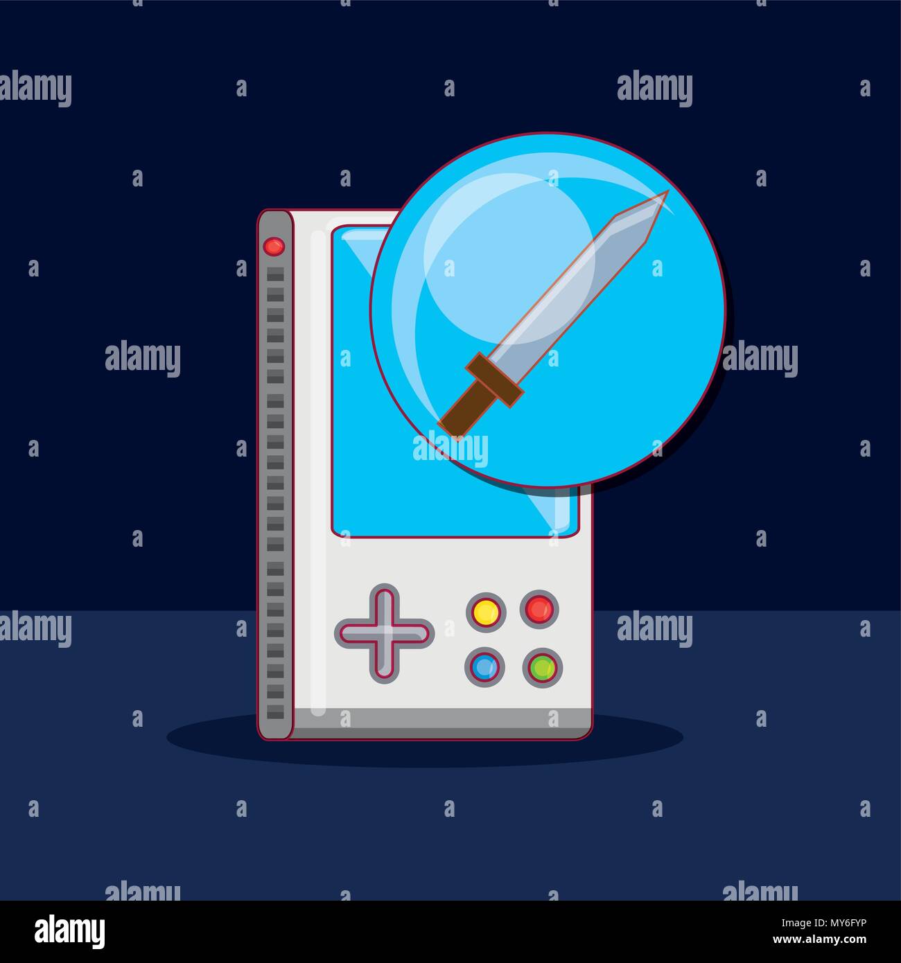 portable video game and sword icon over blue background, colorful ...
