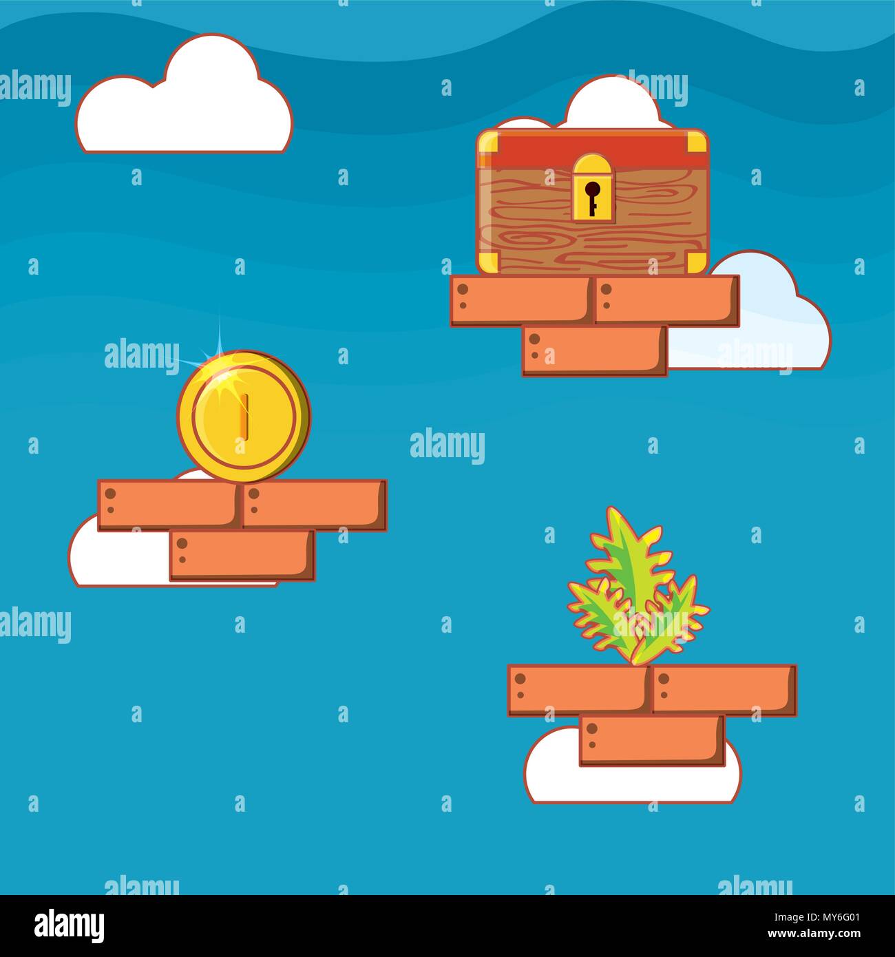 Video game interface with chest box and coin over sky background ...