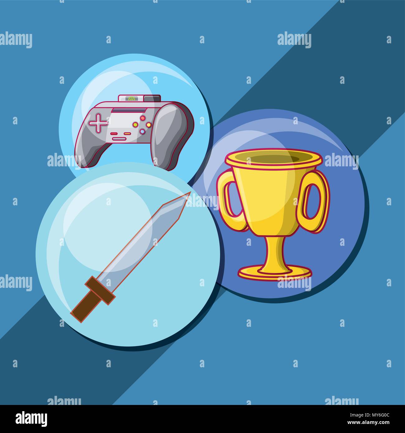 video games design with sword with trophy and controller icon over blue ...