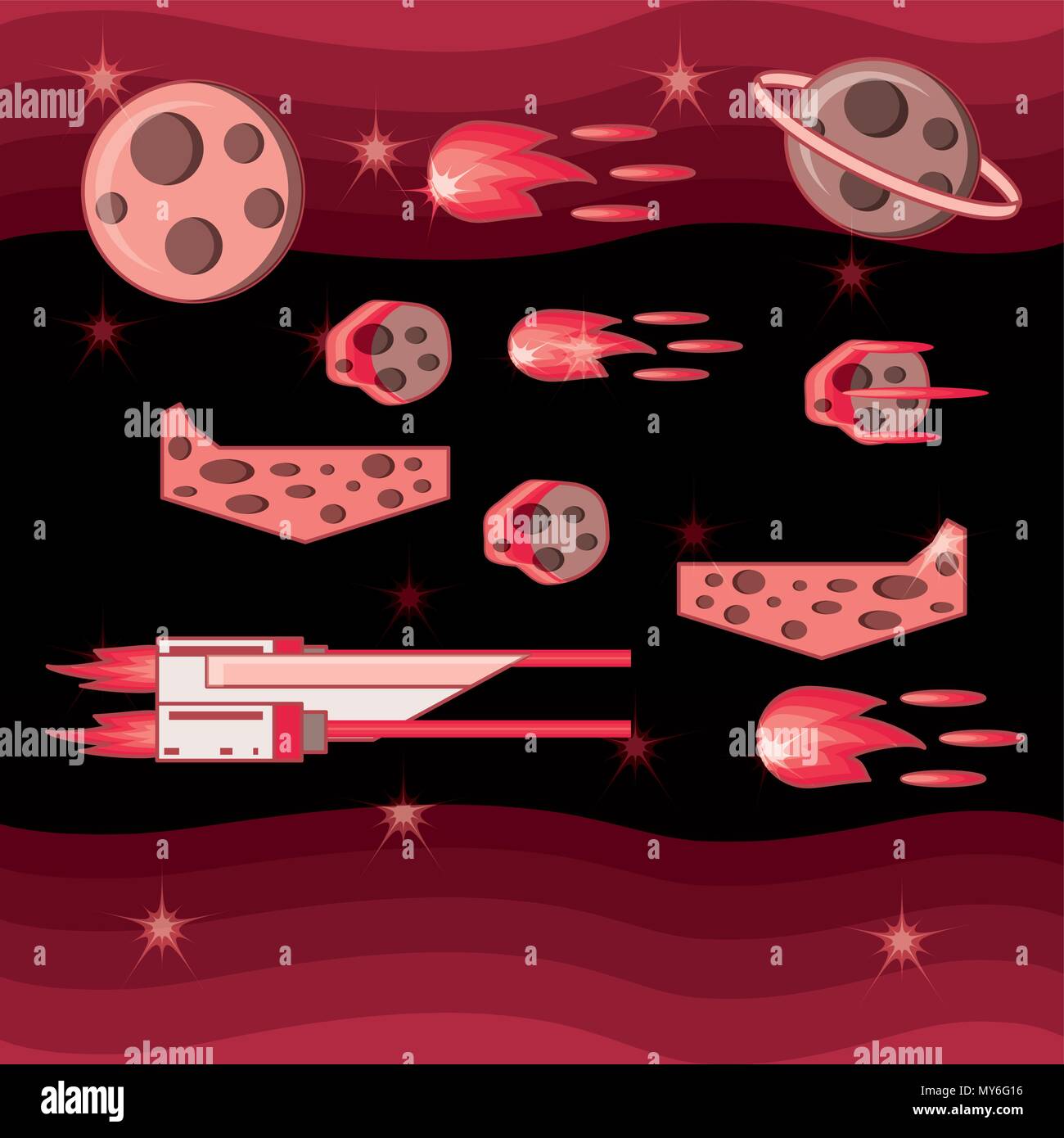 Video game interface with spaceship over space background, colorful ...