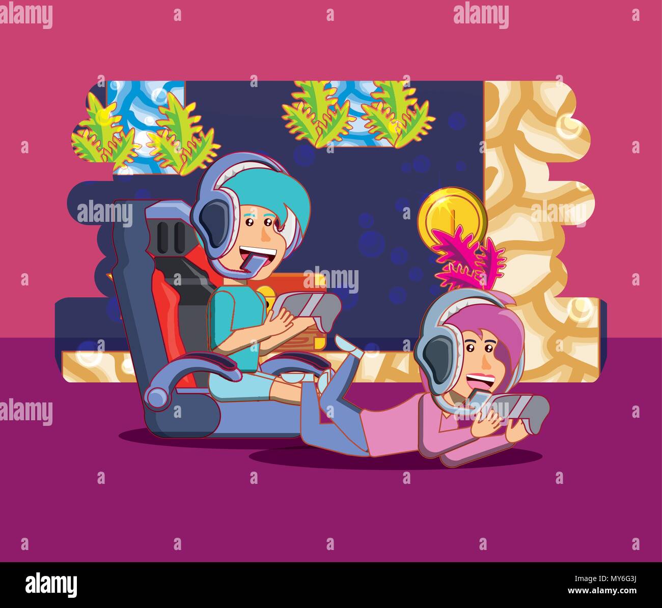 Cartoon happy kids playing video games over pink background, colorful ...