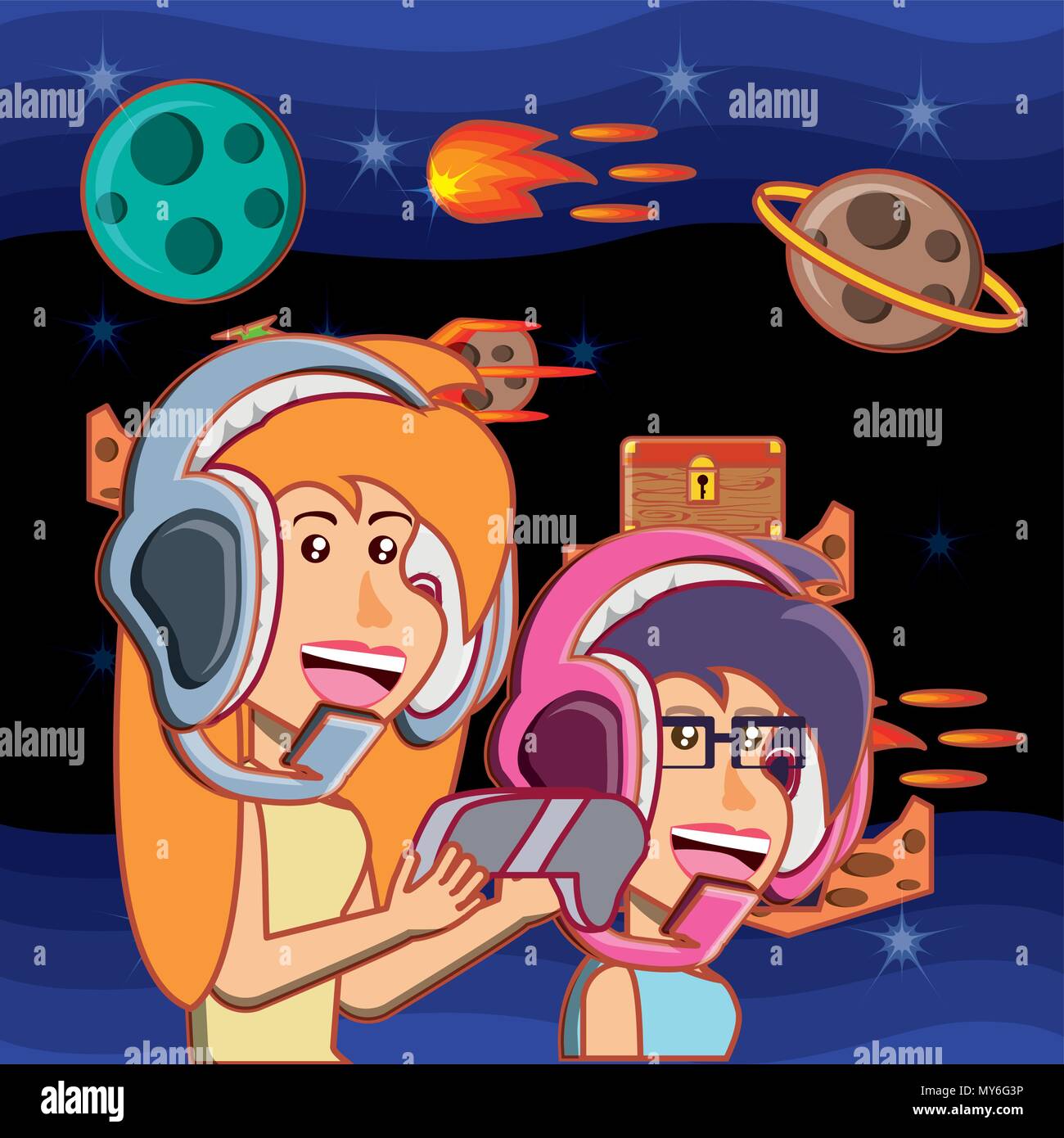 cartoon girls playing video games over space background, colorful ...