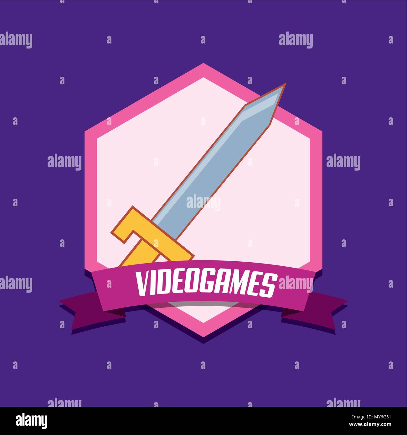 Videogame emblem with sword icon over purple background, colorful ...