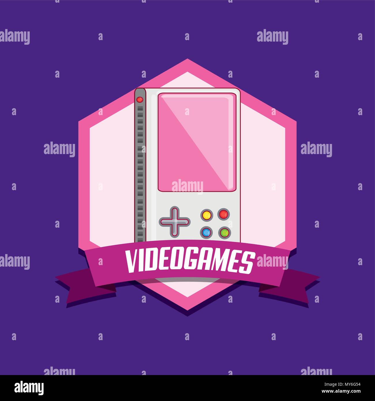 Videogame emblem with portable video game icon over purple background ...