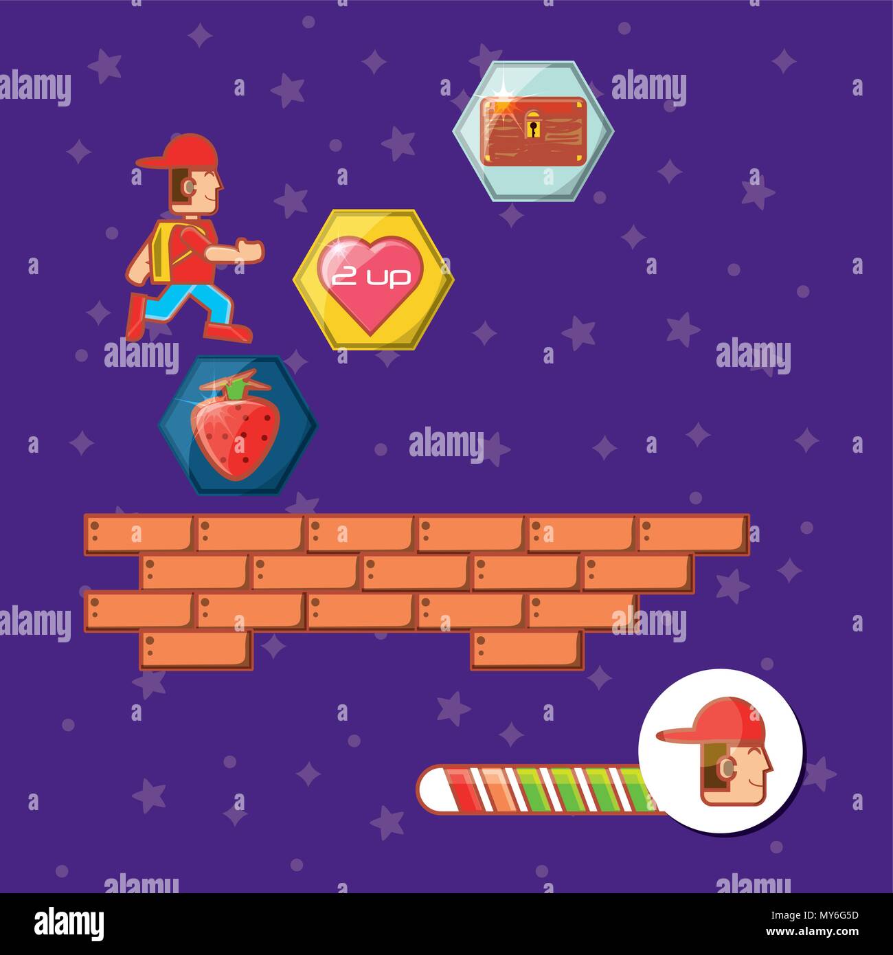 Video game interface with cartoon boy over purple background, colorful ...