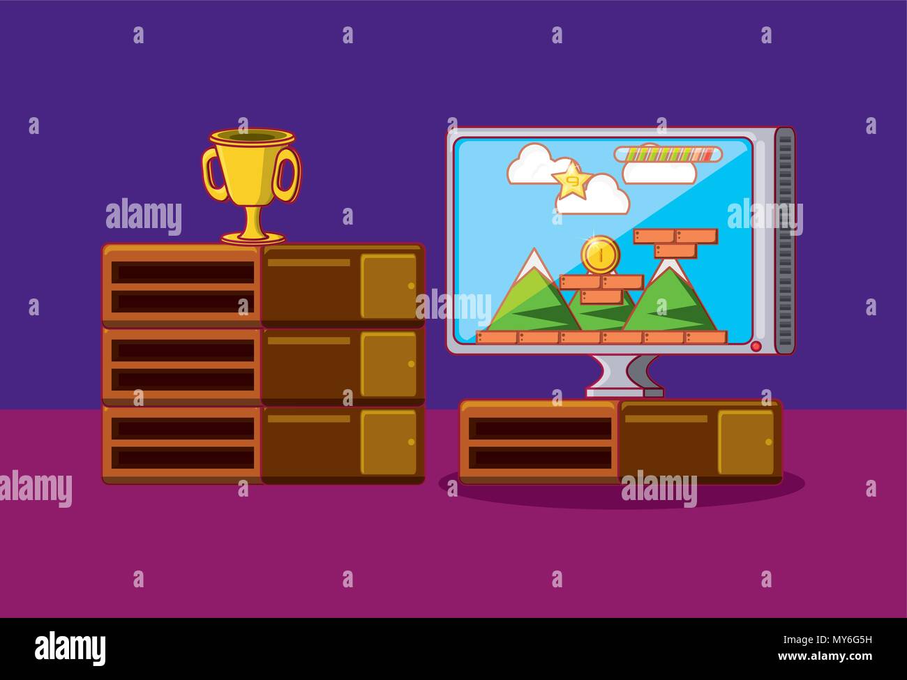 television with video game on the screen over purple background ...