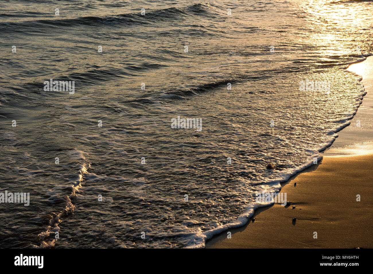 Waves approaching beach sand during golden sunset Stock Photo - Alamy