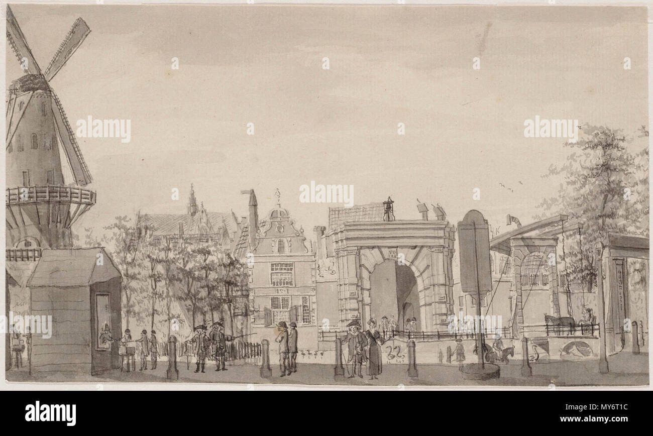 Kennemerpoort 1788. De Kennemerpoort van buiten met wipbrug en molen de ...