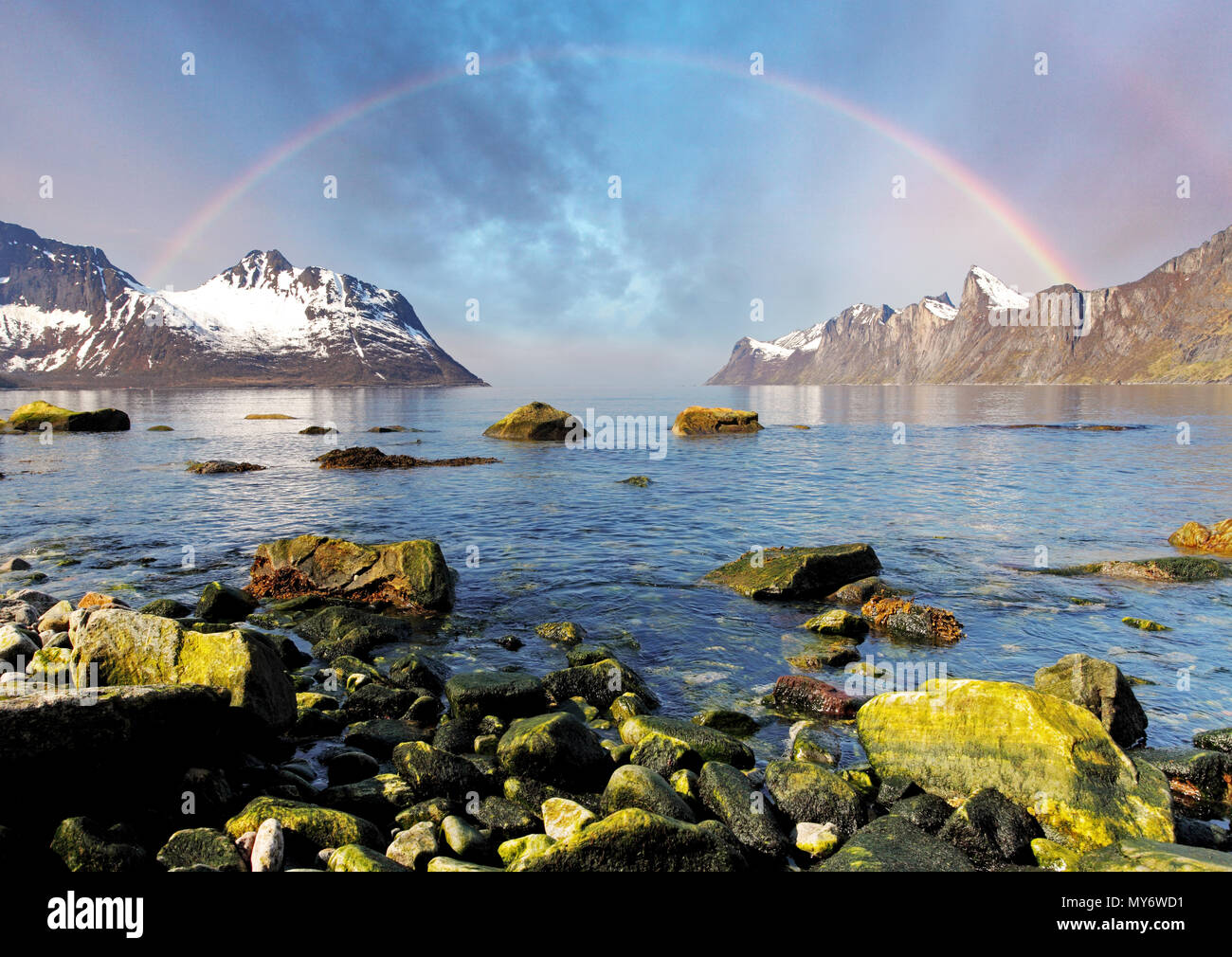 Norway fjord with rainbow over sea Stock Photo - Alamy