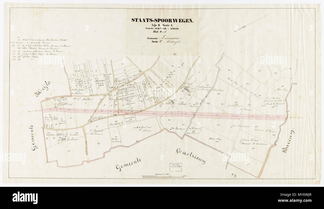 Limmen 1865. Onteigeningskaart Staatsspoorwegen, Lijn K, Sectie 1 ...