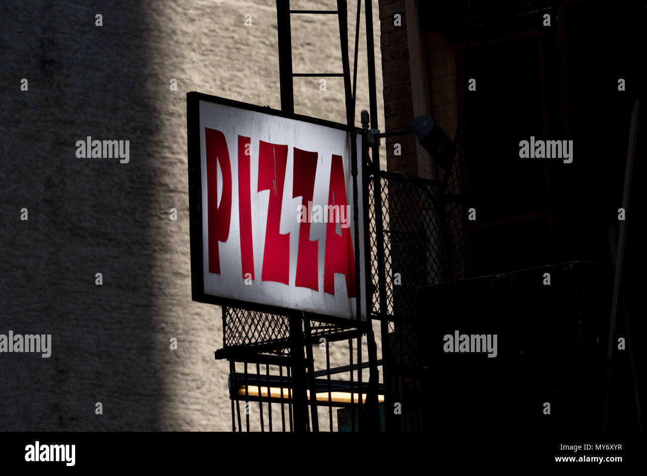 red on white Pizza sign in New York Usa Stock Photo - Alamy