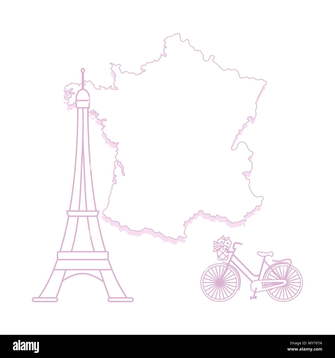Map of France, famous tower of Paris, bicycle with a basket of flowers ...