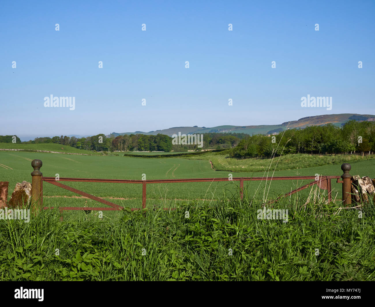 The view over Scottish Countryside from an old Rusty Metal Farm Field ...