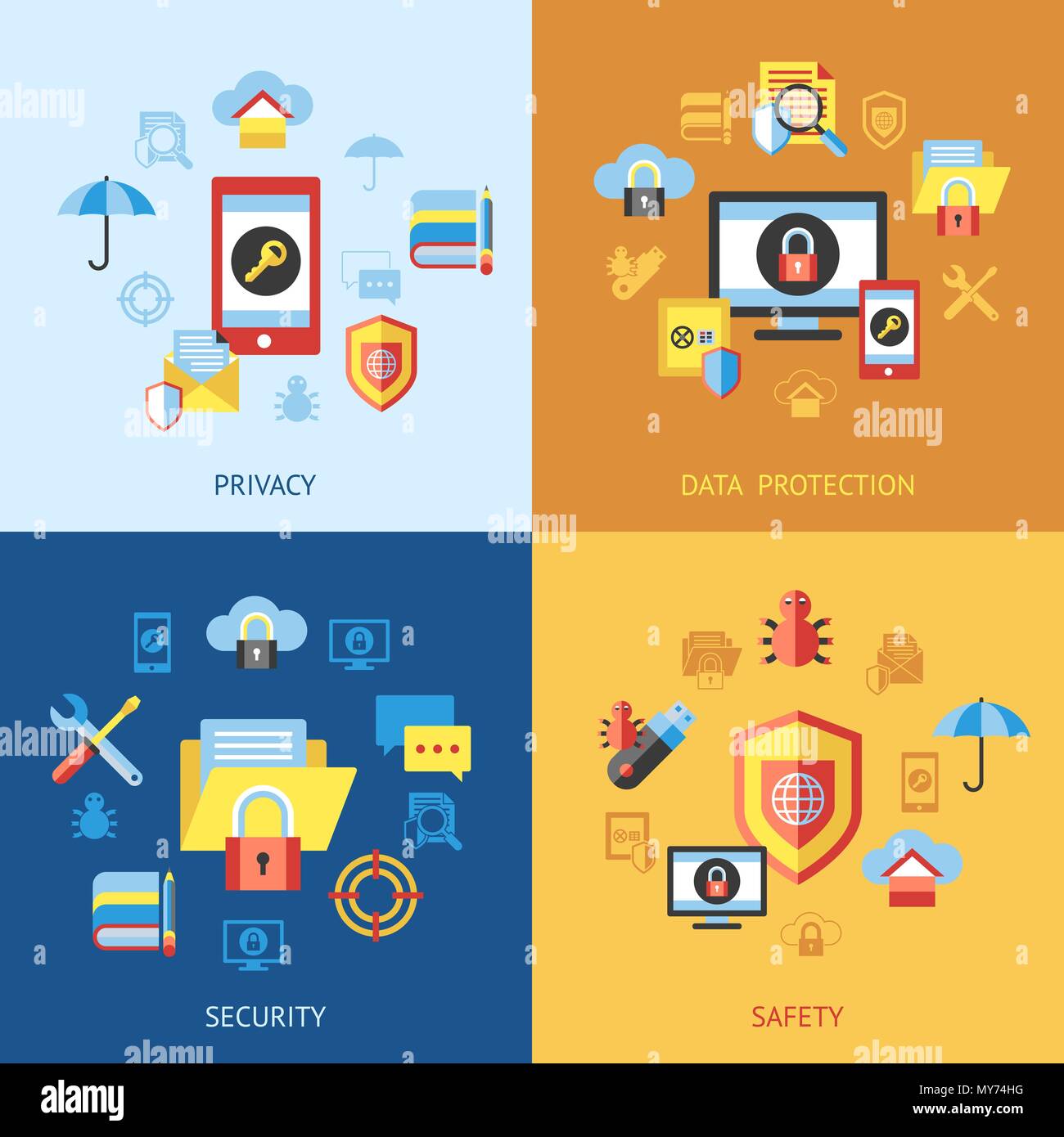 Digital vector data securuty and privacy protection icon set pack ...