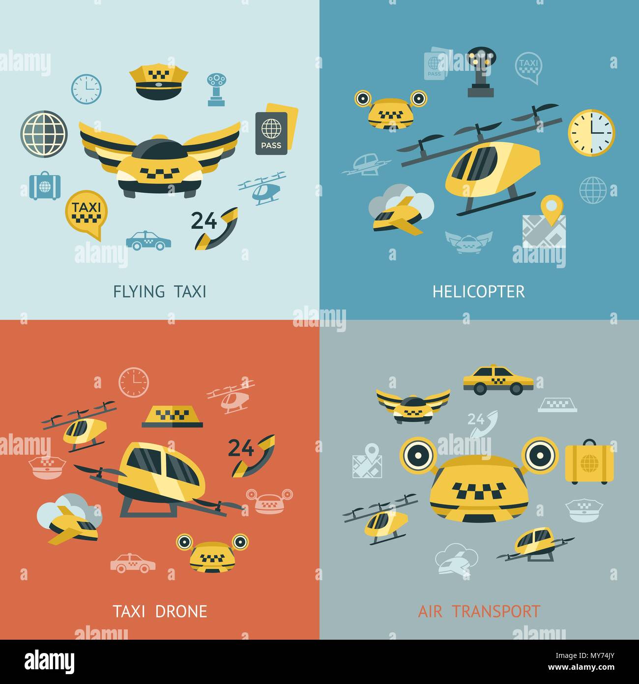 Digital vector flying taxi drone icon set pack illustration, simple ...