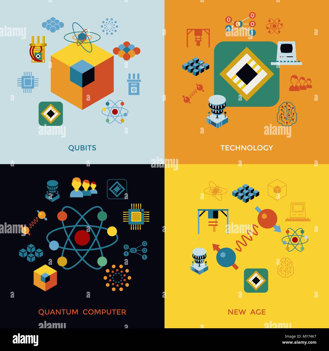 Digital vector quantum computing and qubits tech icon set pack illustration, simple line flat ...