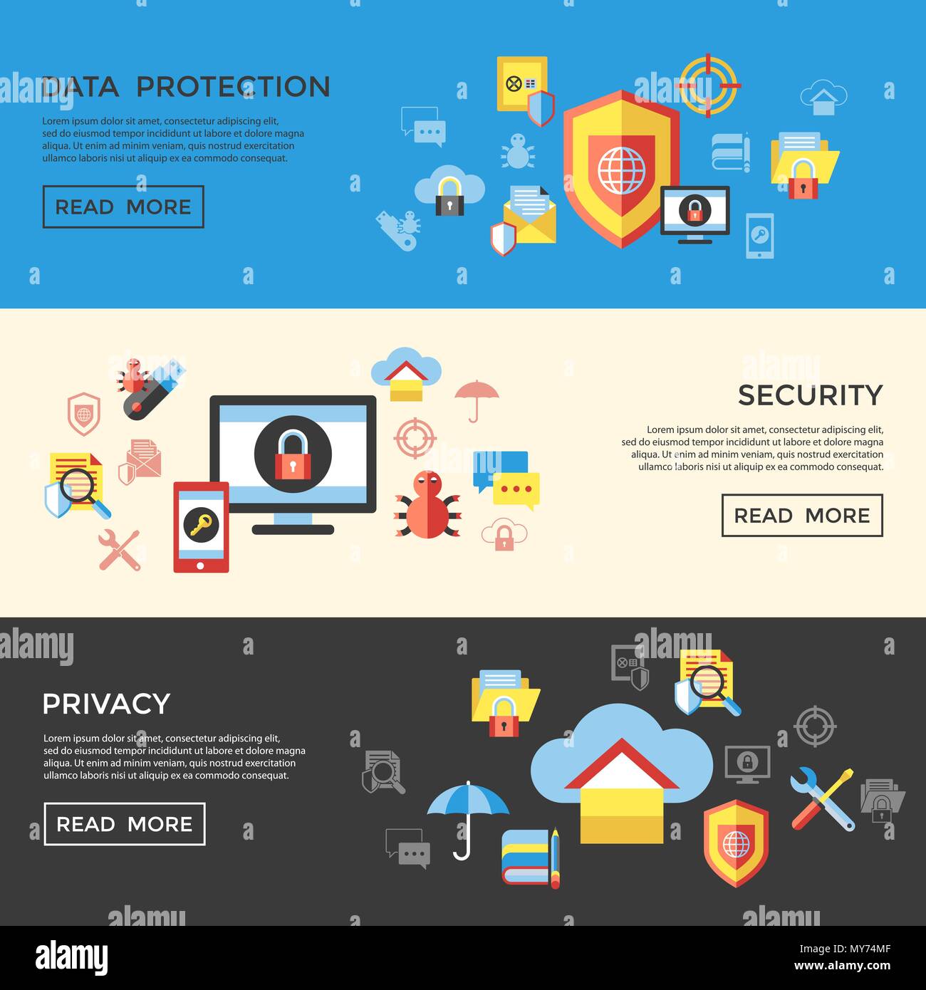 Digital vector data securuty and privacy protection icon set pack ...