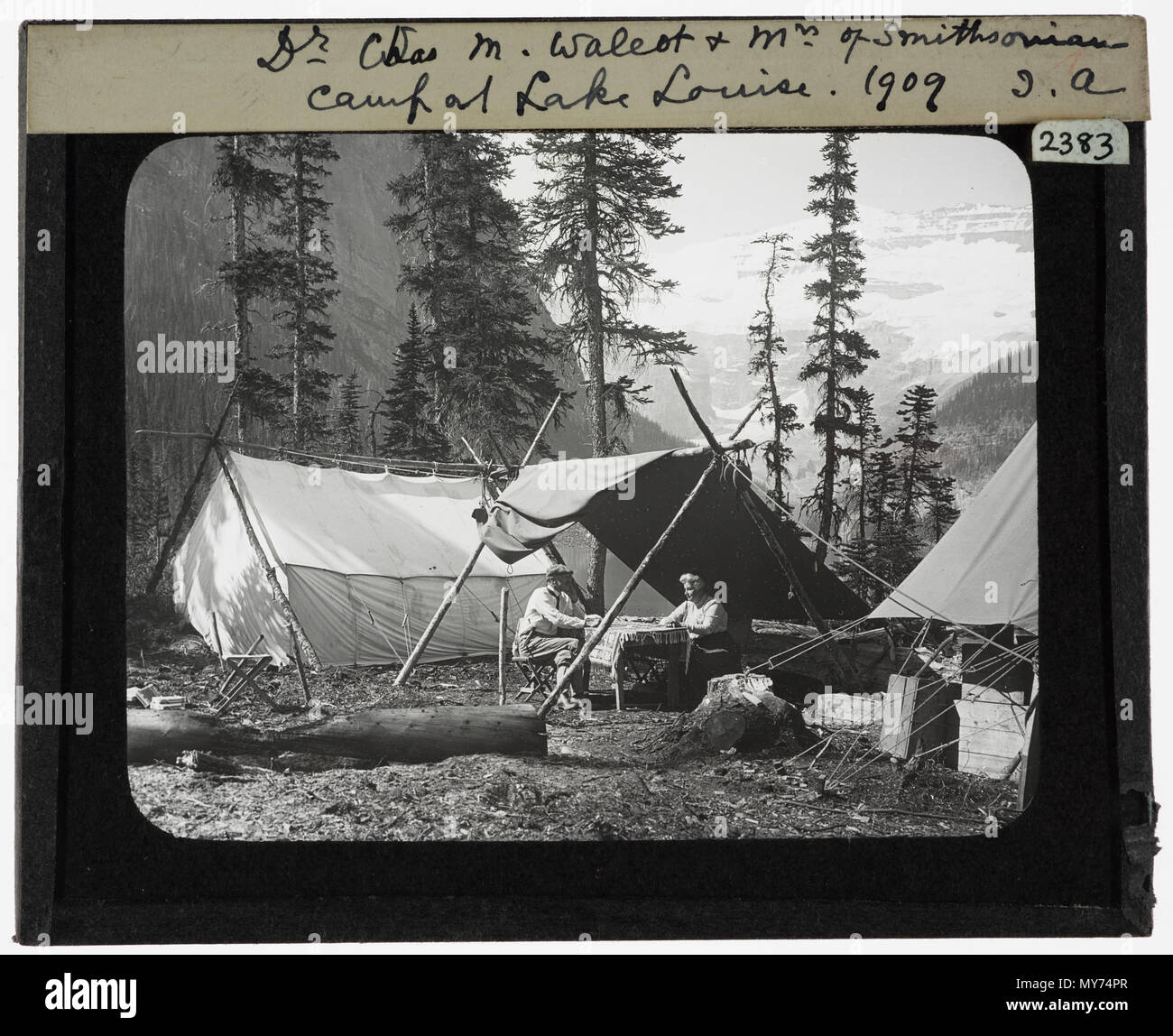 . Doctor Charles and Mrs Walcott. A man and a woman at a table on camp ...