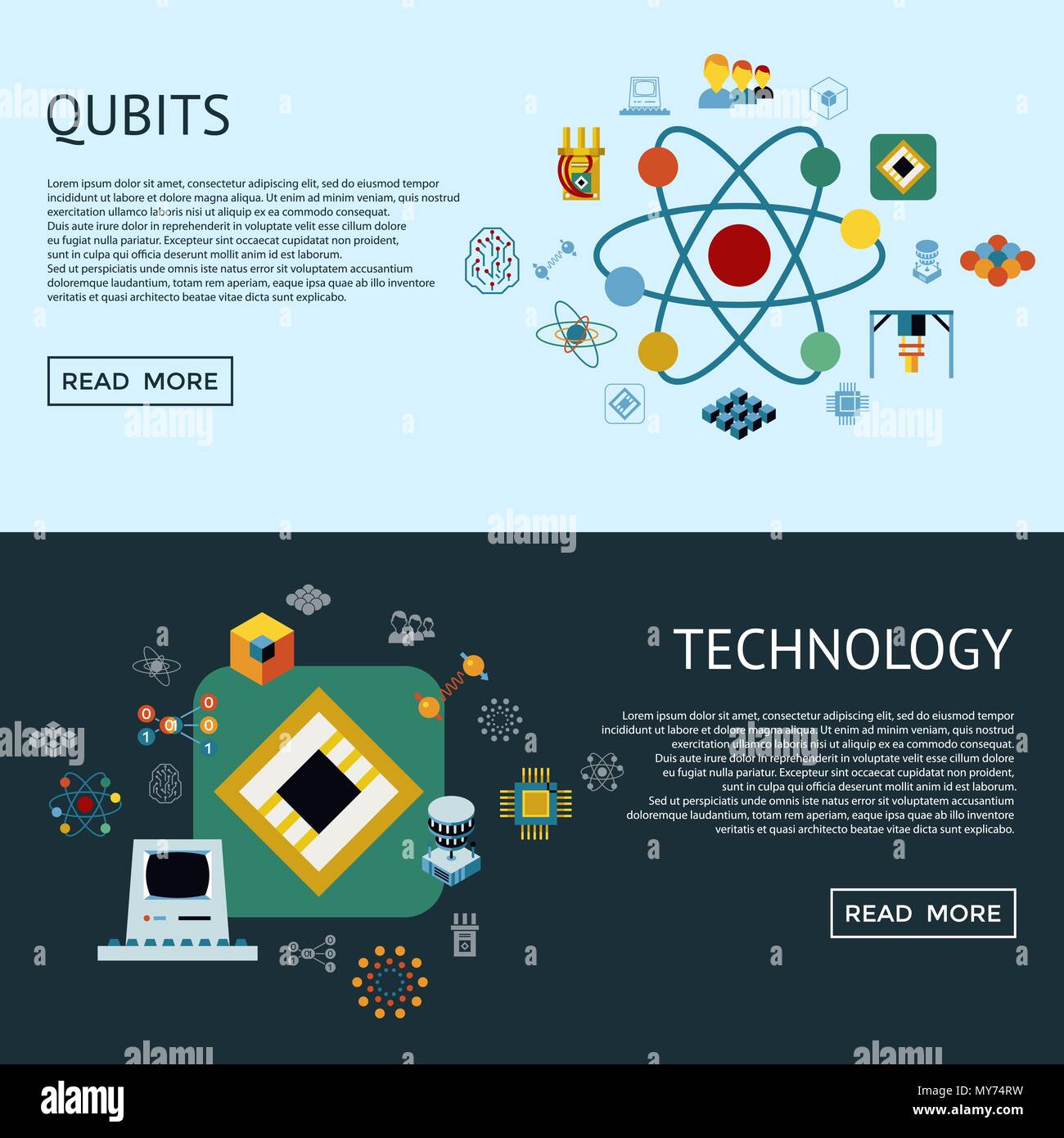Digital vector quantum computing and qubits icon set pack illustration, simple line flat style ...