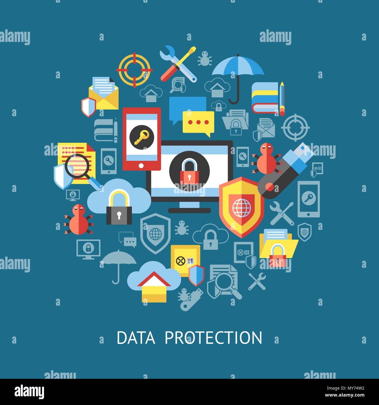 Digital vector data securuty and privacy protection icon set pack ...