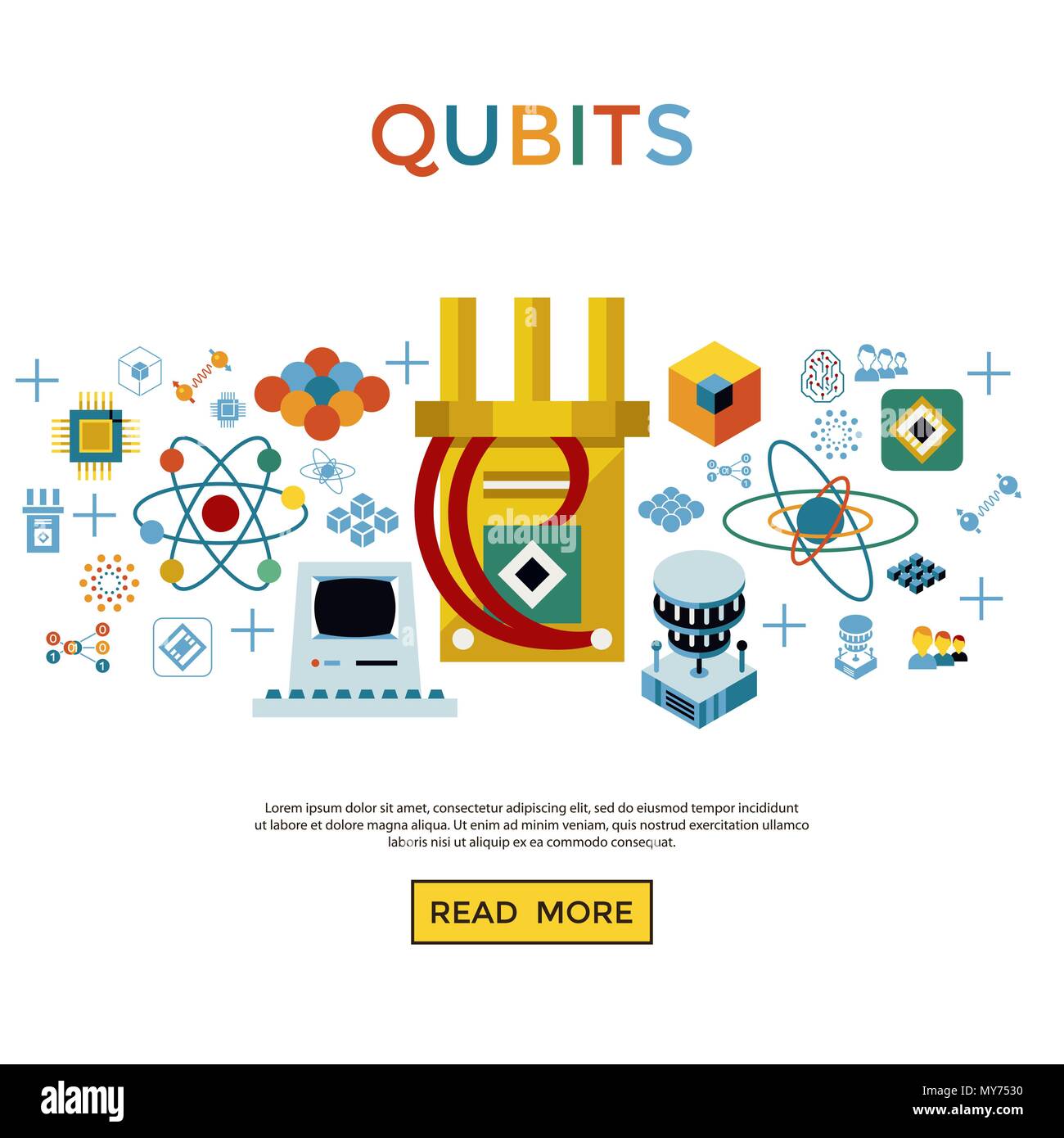 Digital vector quantum computing and qubits icon set pack illustration, simple line flat style ...
