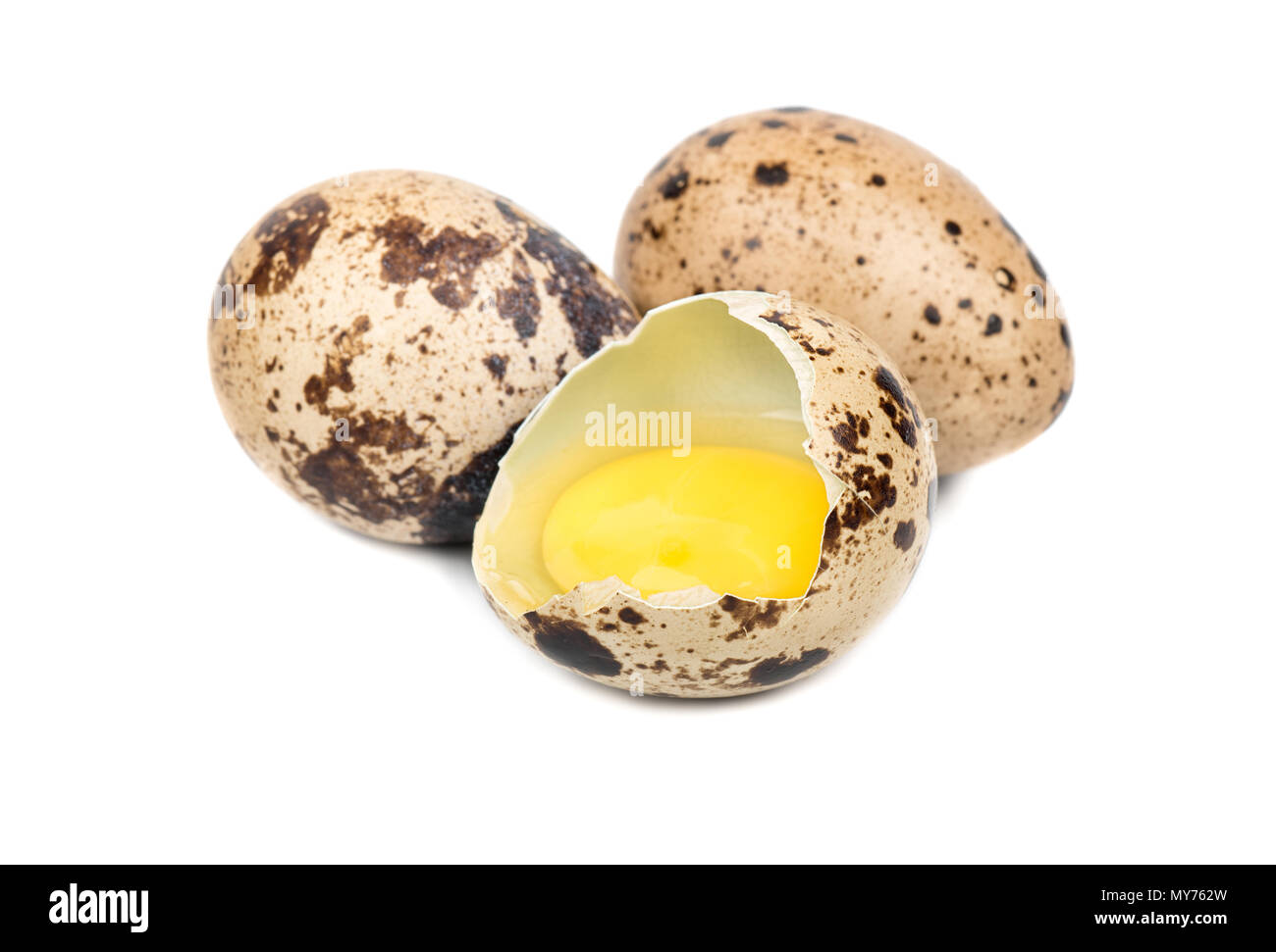 Quail egg broken on a white background Stock Photo - Alamy
