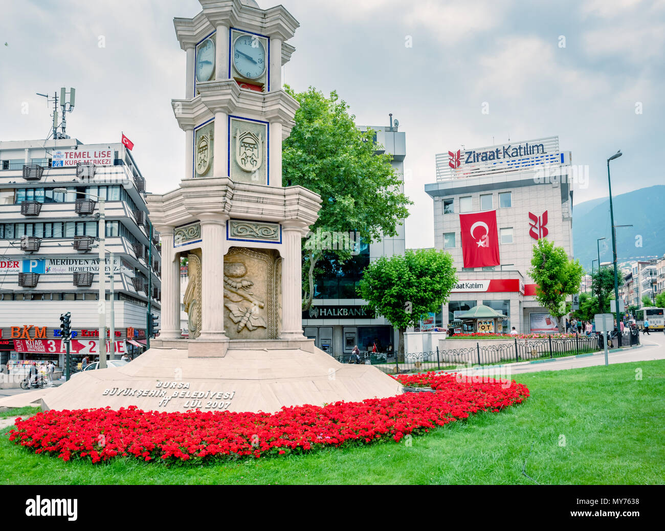 View of Historical ancient old Clock Tower in city center of Bursa ...