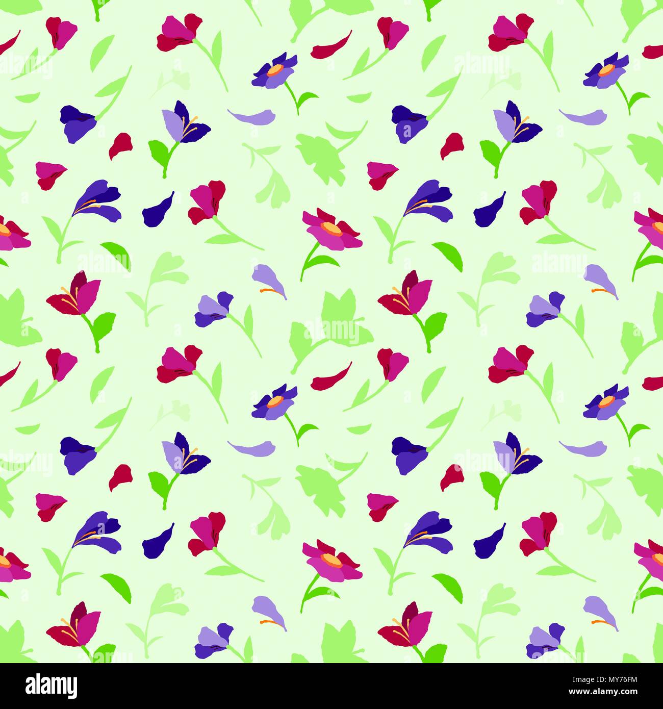 Green seamless summer pattern with flowers Stock Photo - Alamy