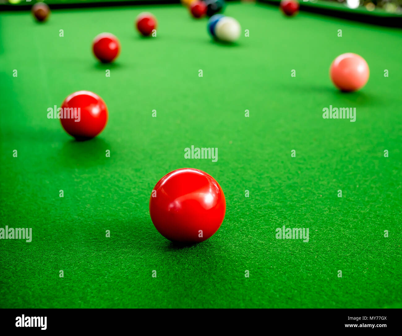 Red and Colorful Snooker Balls on Green Snooker Table Stock Photo - Alamy