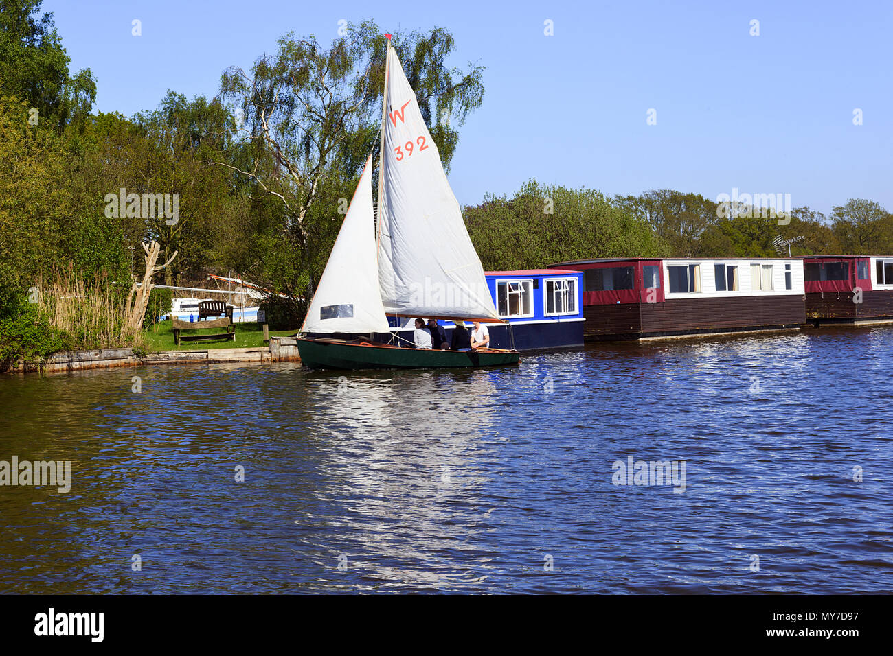 Sail boat sailing on Hickling Broad on the Norfolk Broads, England, UK ...