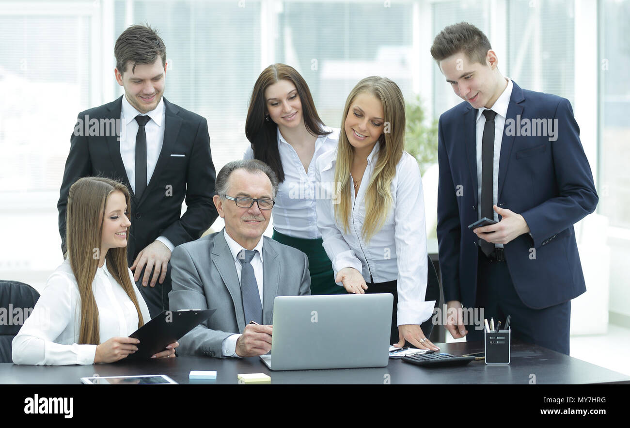 Director and business team looking at laptop screen Stock Photo - Alamy