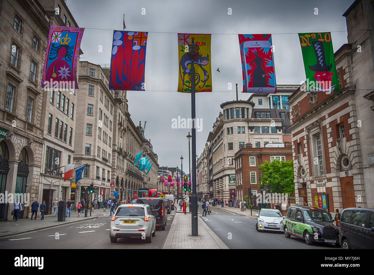 London, UK. Grayson Perry’s flags on Piccadilly. The RA celebrates its ...