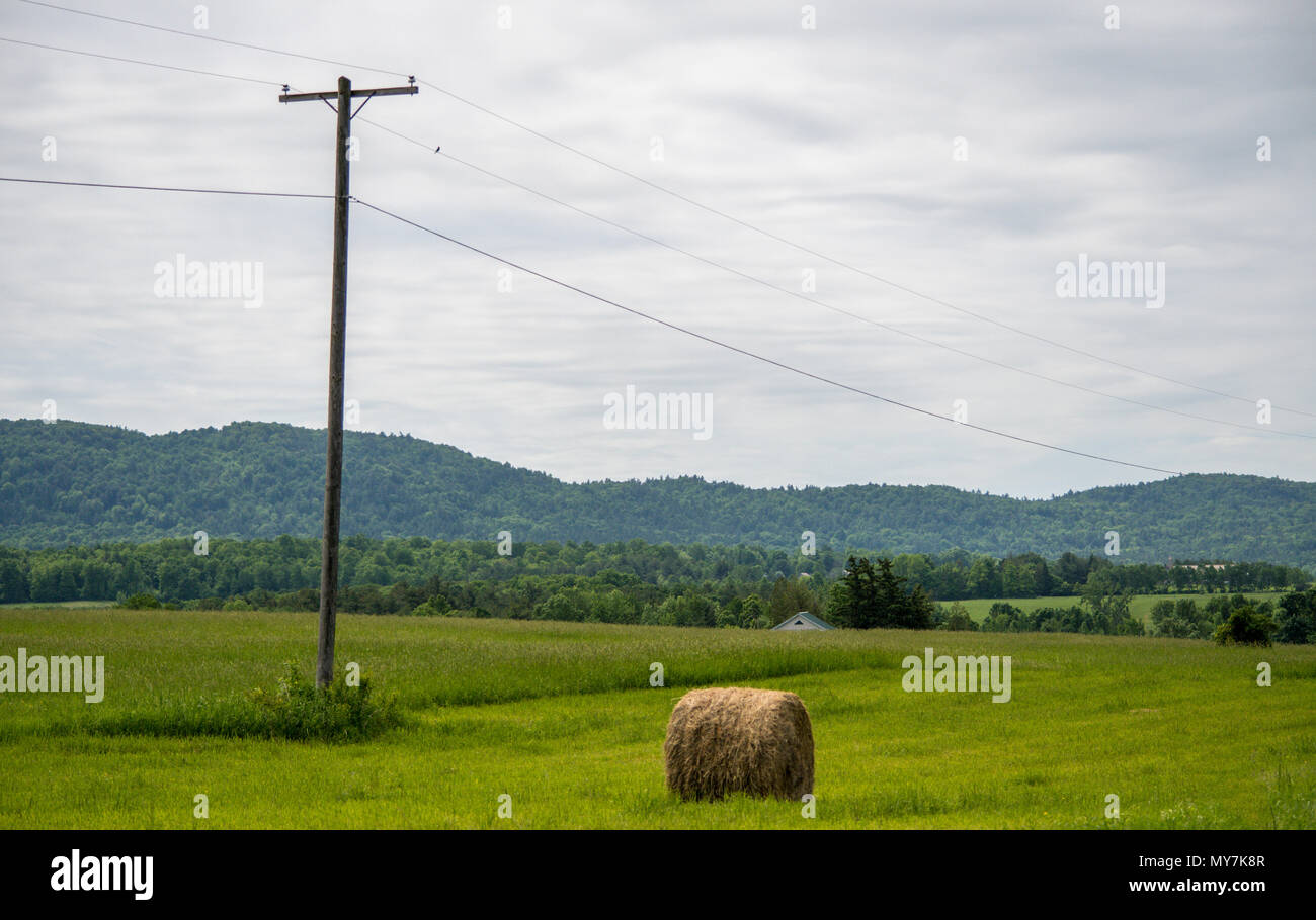 Summer scene with electric pole and haystack Stock Photo - Alamy