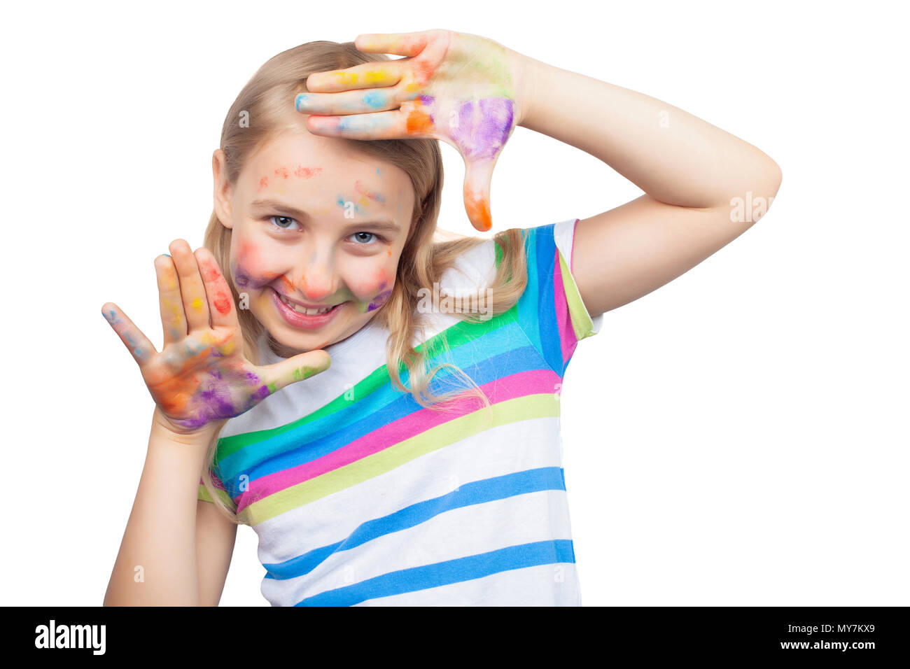 Cute girl showing hands painted in bright colors isolated on white ...