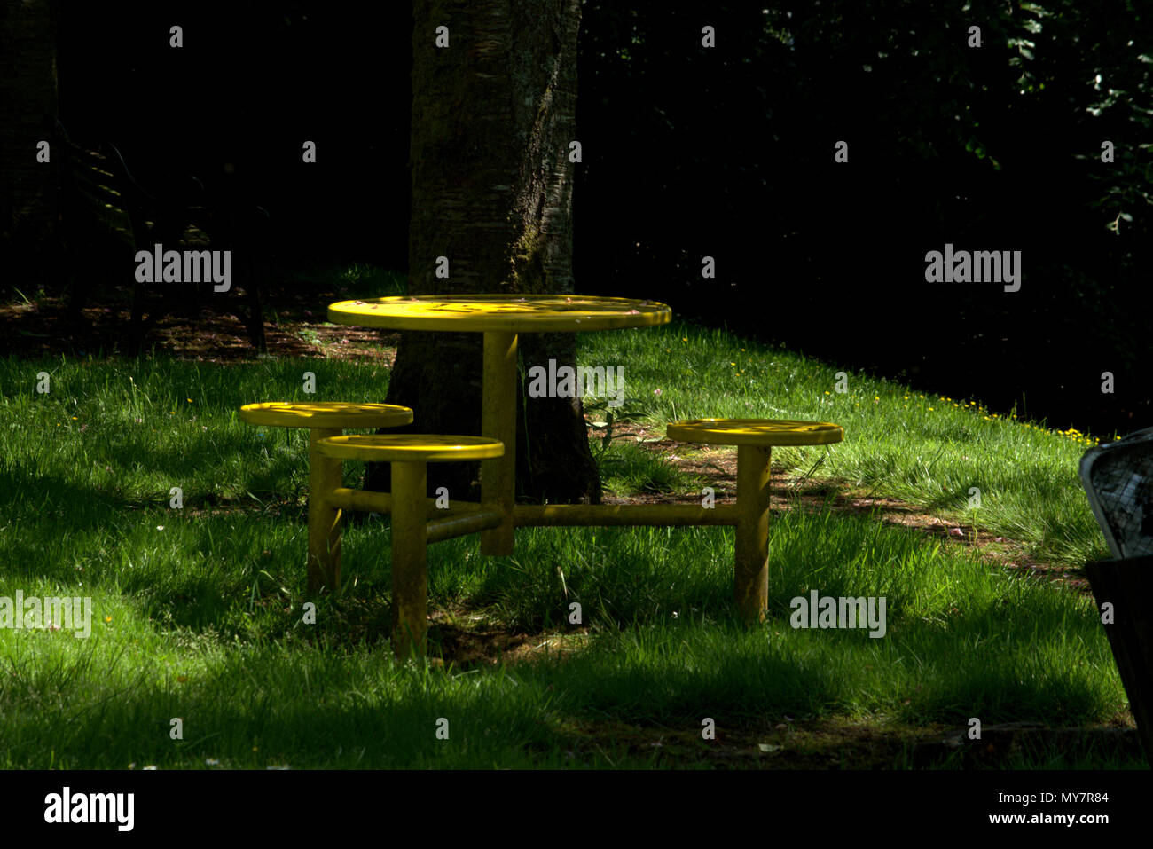 Yellow picnic table Stock Photo - Alamy