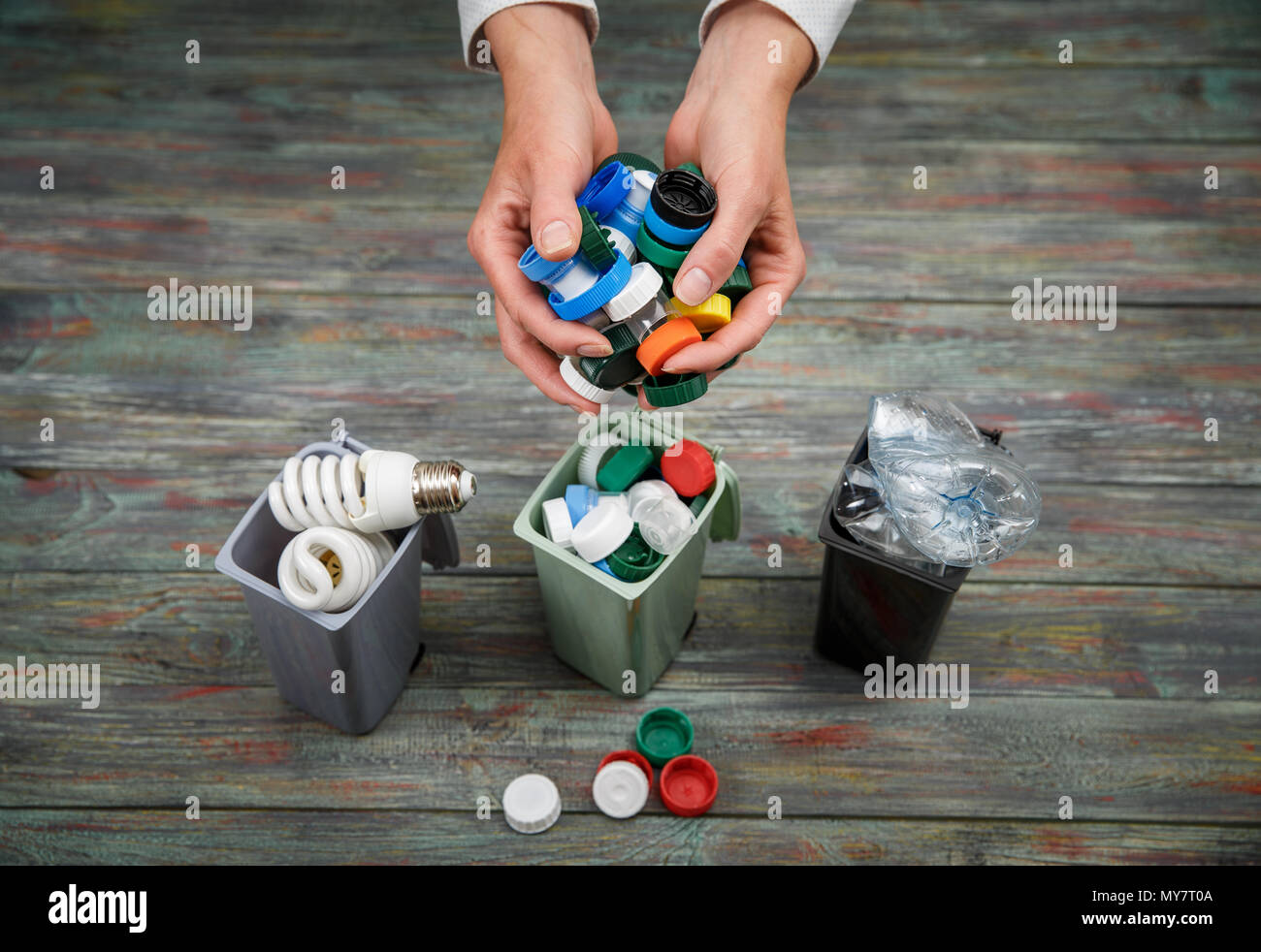 Ecology concept, a lot of recyclable objects in containers on the ...