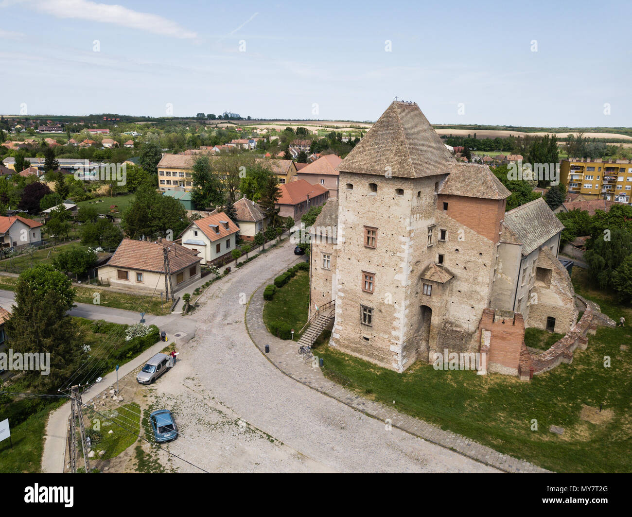 Simontornya, Hungary - APRIL 26, 2018: Aerial top view to medieval ...