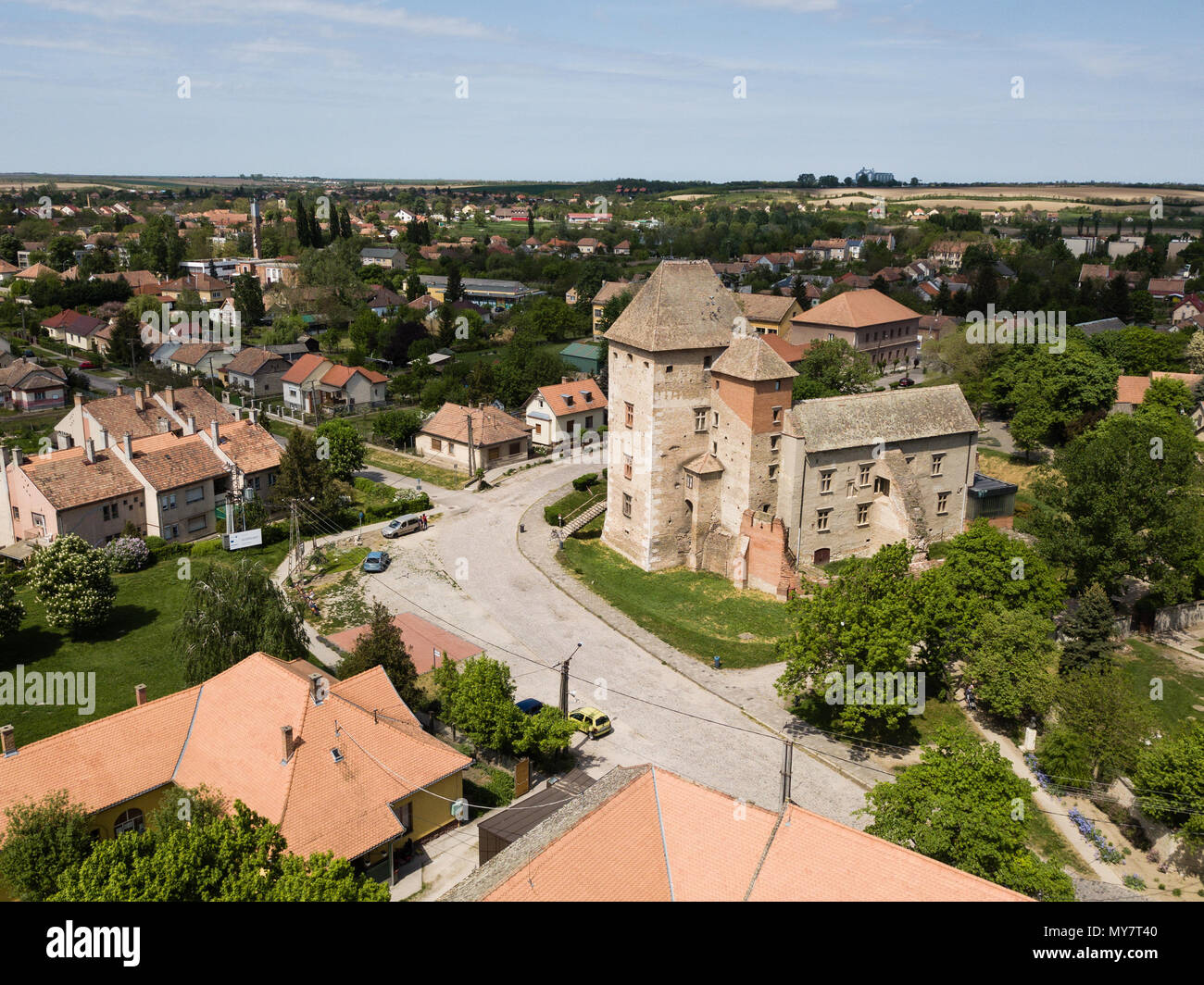 Simontornya, Hungary - APRIL 26, 2018: Aerial top view to medieval ...