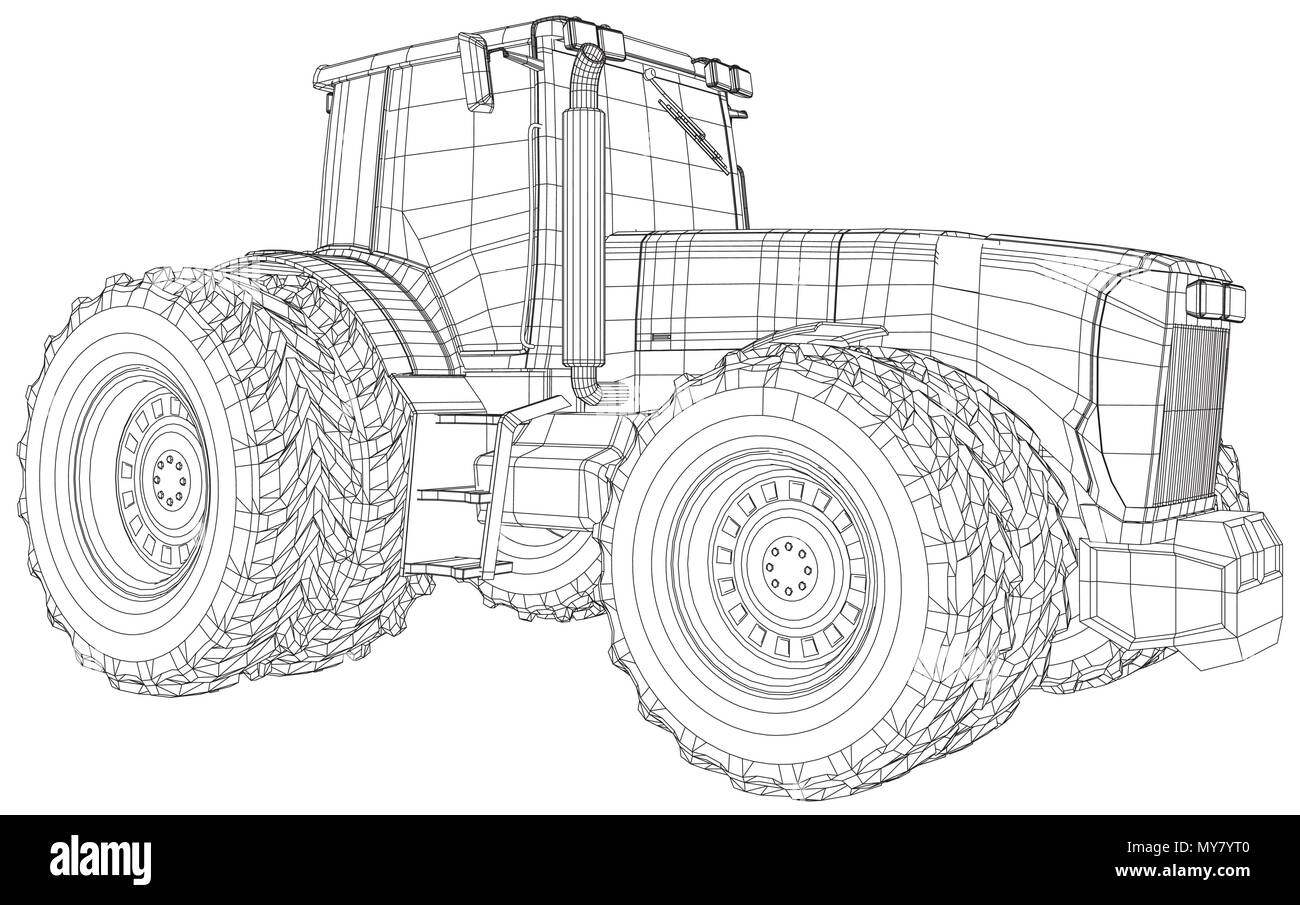 Wire-frame tractor isolated on white background. Tracing illustration ...