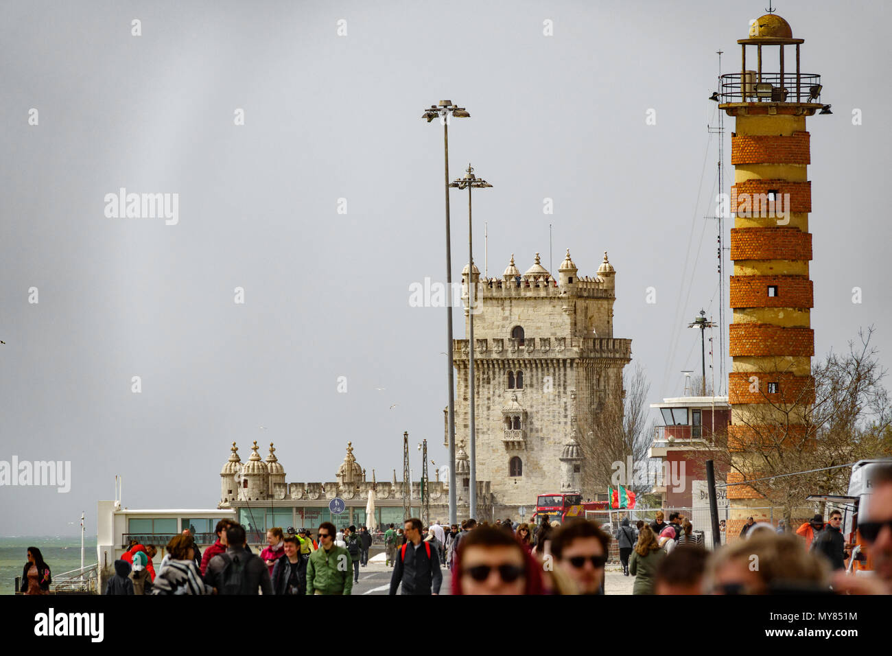 LISBON, PORTUGAL - APRIL 4, 2018. Long shot crowd of tourists at Belem ...