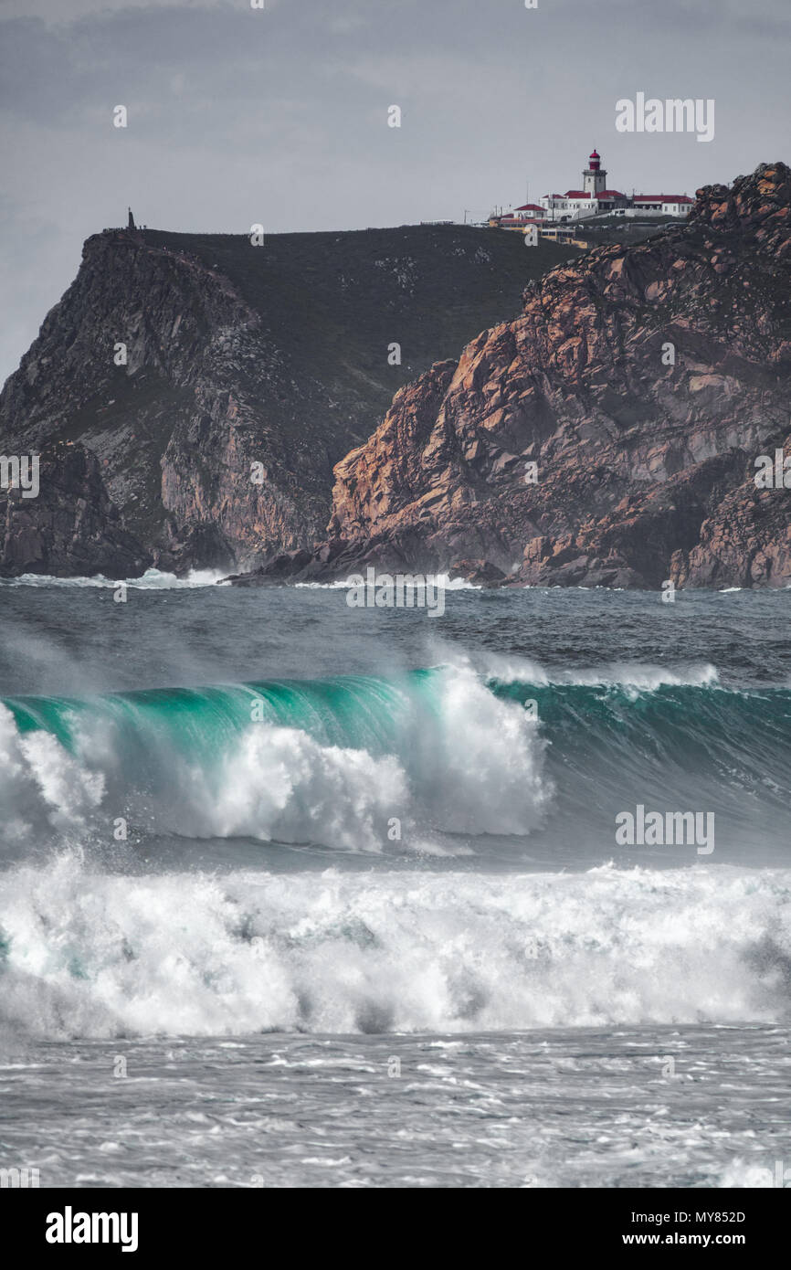 Cabo da Roca Lighthouse, the end of Europe with breaking waves Stock ...