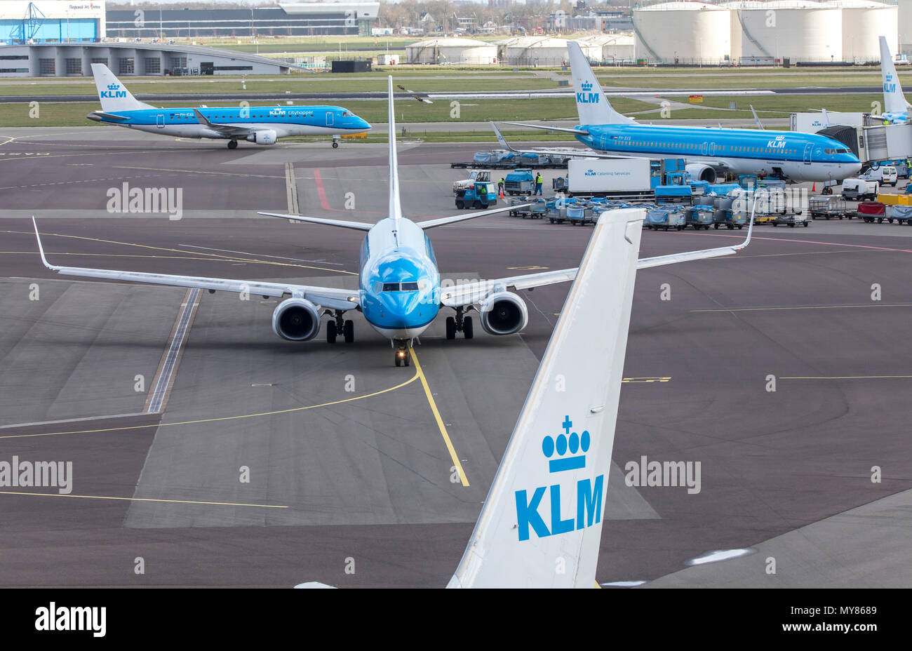KLM aircrafts at Amsterdam Schiphol Airport, in North Holland, the ...