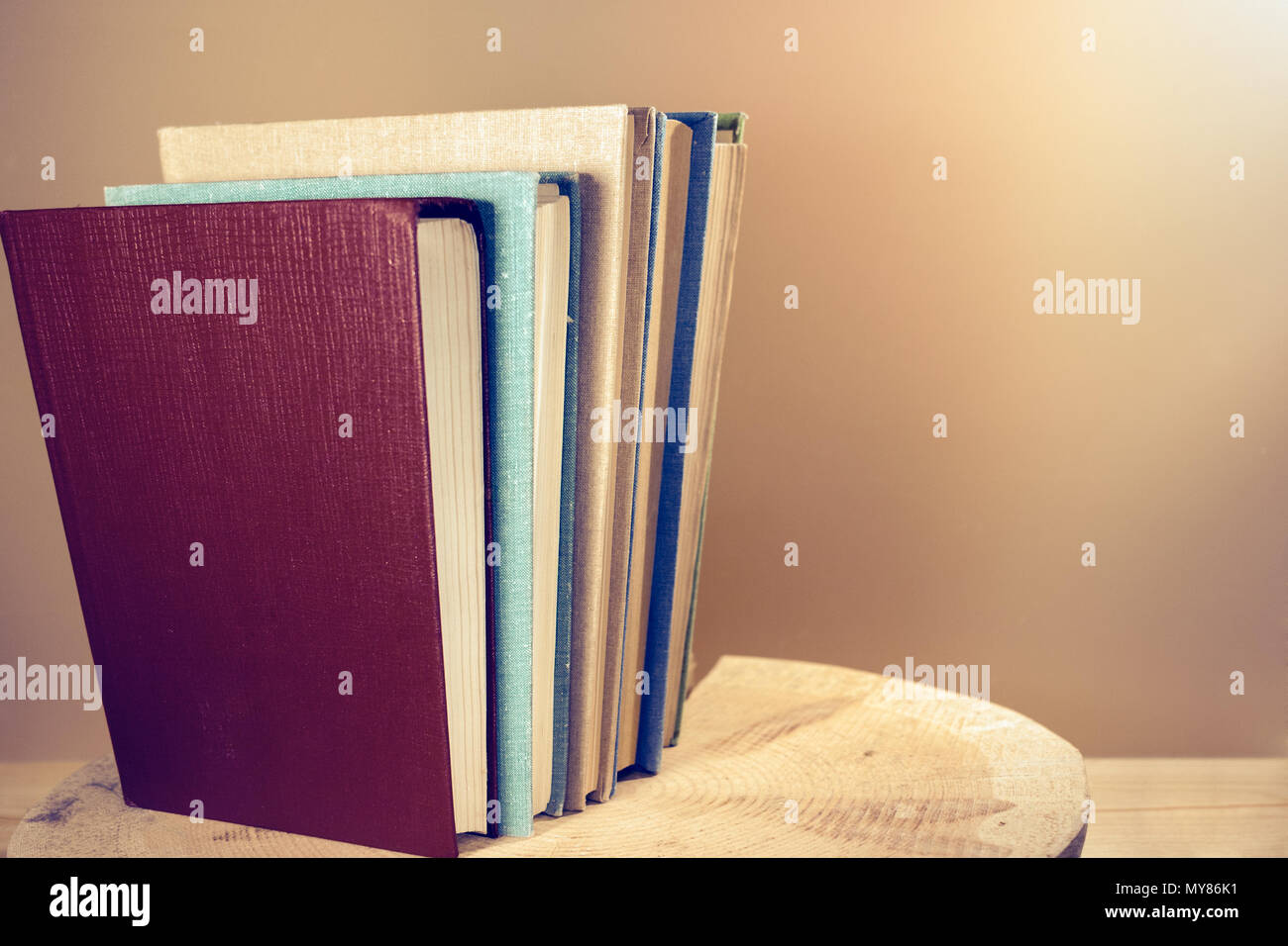 Vertical stack of books standing on wooden cut on light background with ...