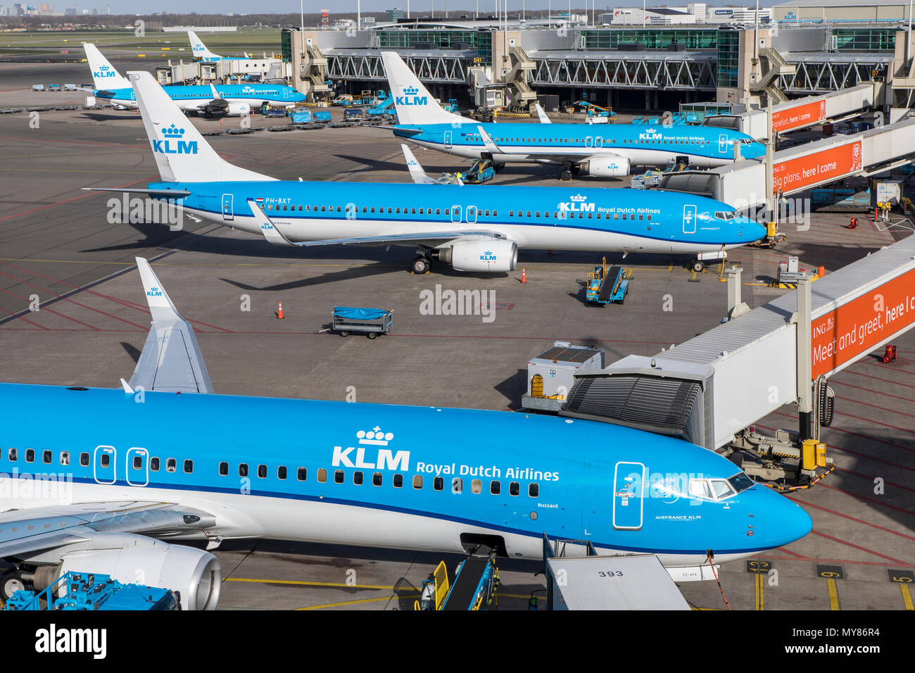 KLM aircrafts at Amsterdam Schiphol Airport, in North Holland, the ...