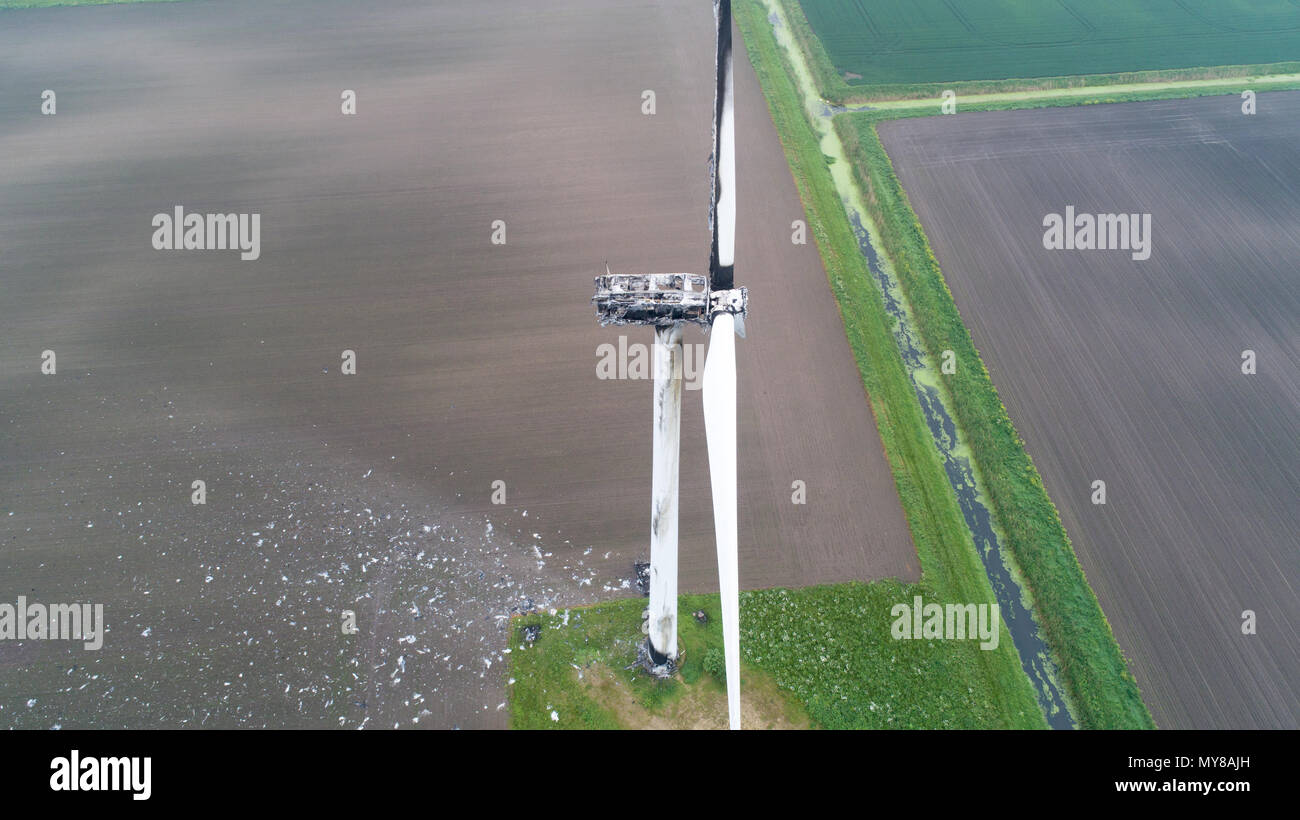 Aerial picture shows the wind turbine damaged by lightning in ...