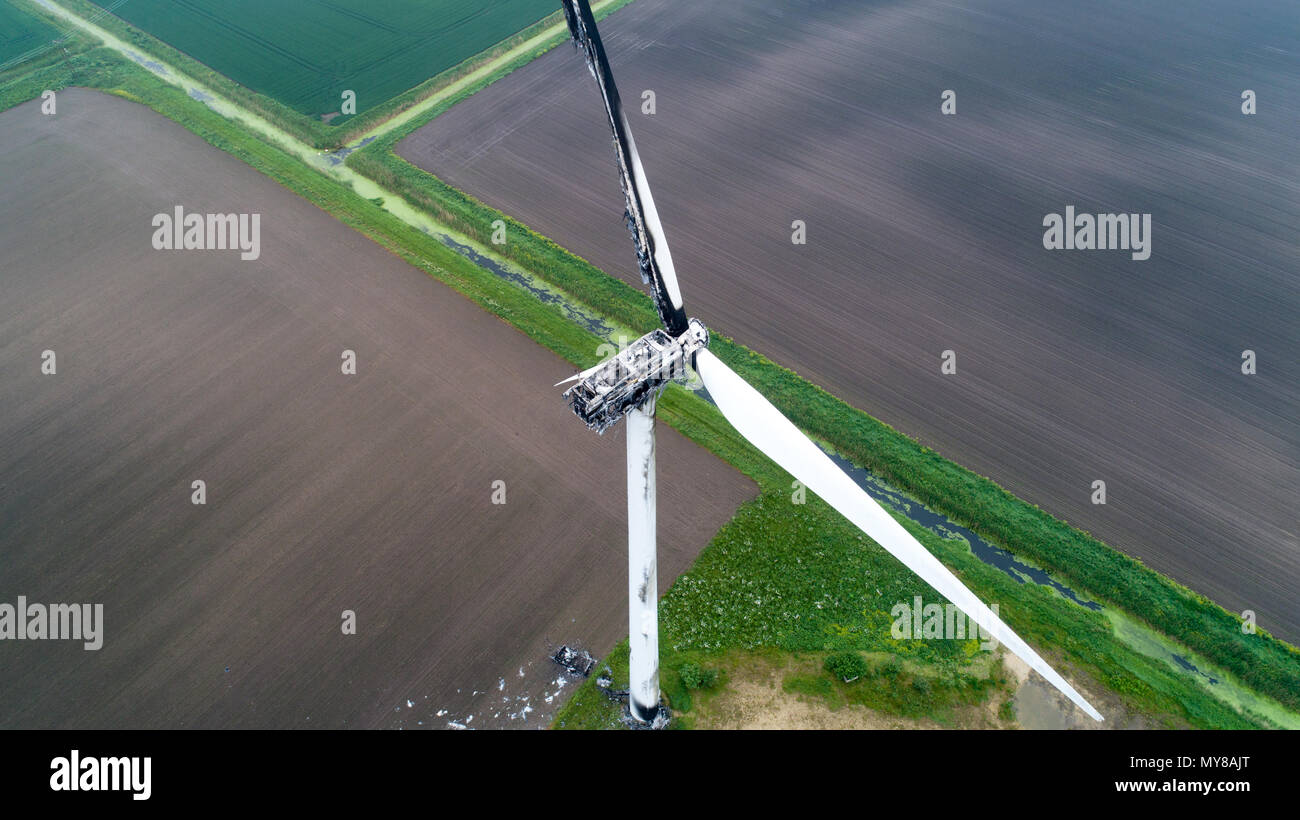 Aerial picture shows the wind turbine damaged by lightning in ...