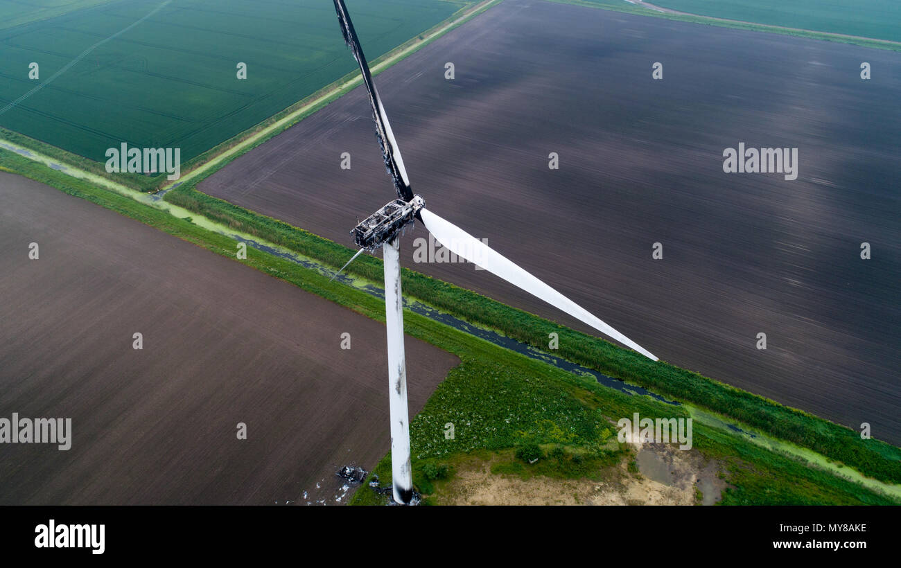 Aerial picture shows the wind turbine damaged by lightning in ...