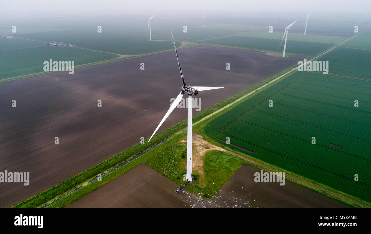 Aerial picture shows the wind turbine damaged by lightning in ...