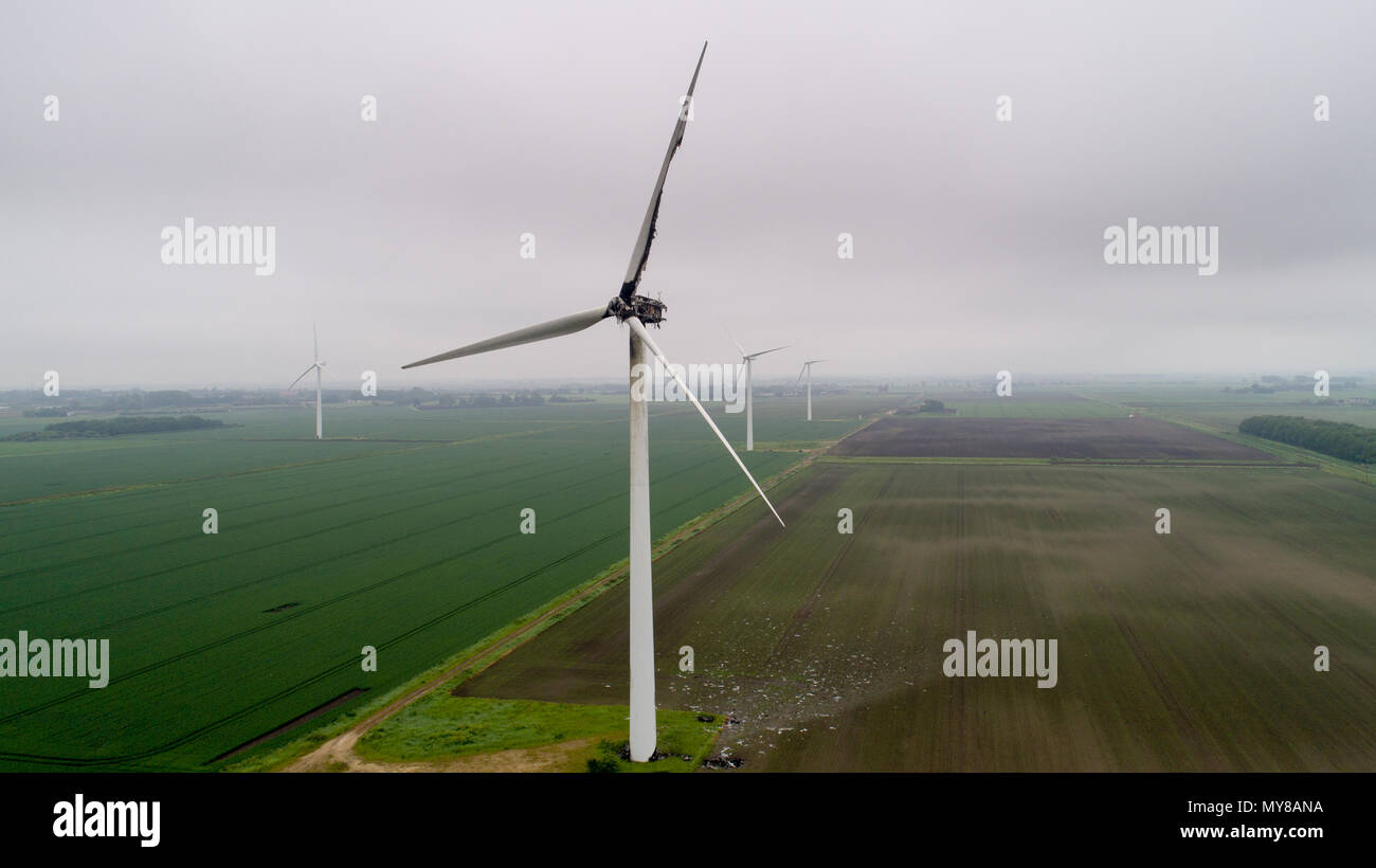 Aerial picture shows the wind turbine damaged by lightning in ...