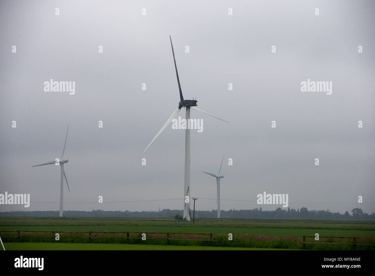 Aerial picture shows the wind turbine damaged by lightning in ...